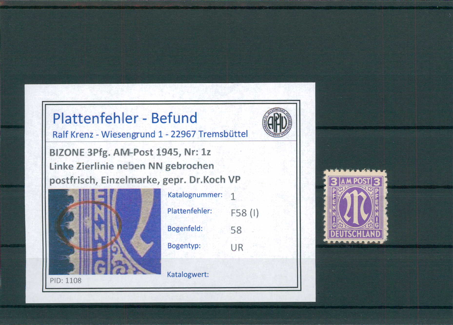 BIZONE 1945 Nr 1z F58(I) postfrisch (203629) · Ralf Krenz · Bribest